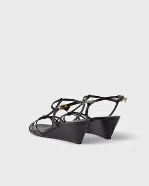 Prada Patent Leather Wedge Sandals With Buckle Fastening - Black