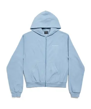 Balenciaga Logo Embroidered Zip-up Hoodie - Light Blue/white