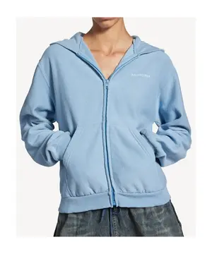Balenciaga Logo Embroidered Zip-up Hoodie - Light Blue/white