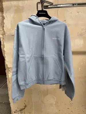 Balenciaga Logo Embroidered Zip-up Hoodie - Light Blue/white