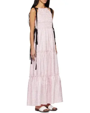 GANNI Tiered Check Maxi Dress With Ribbon Ties