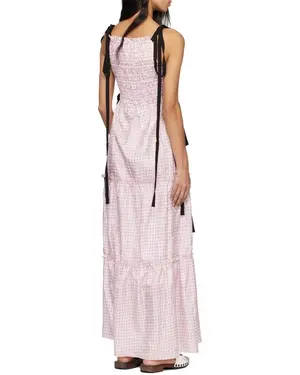 GANNI Tiered Check Maxi Dress With Ribbon Ties