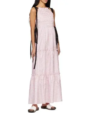 GANNI Tiered Check Maxi Dress With Ribbon Ties