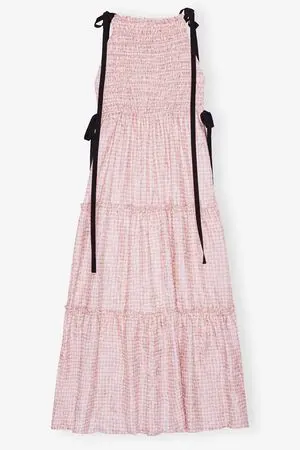 GANNI Textured Checked Maxi Dress With Ribbon Ties