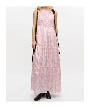 GANNI Textured Checked Maxi Dress With Ribbon Ties