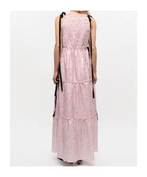 GANNI Textured Checked Maxi Dress With Ribbon Ties
