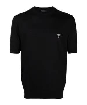 Prada Logo Embroidered Knit T-shirt - Black