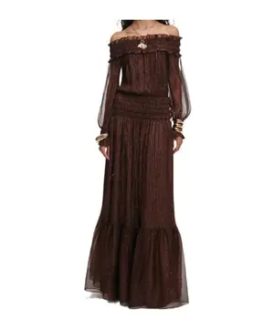 SELF-PORTRAIT Georgette Maxi Dress With Ruffled Off-the-shoulder Neckline - Brown