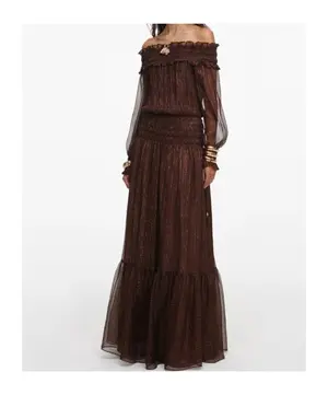 SELF-PORTRAIT Georgette Maxi Dress With Ruffled Off-the-shoulder Neckline - Brown