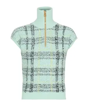 Balmain Sleeveless Plaid Tweed Top With Zipper Collar