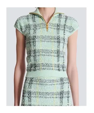 Balmain Sleeveless Plaid Tweed Top With Zipper Collar
