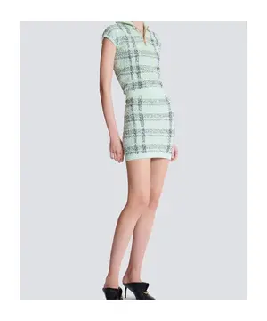 Balmain Sleeveless Plaid Tweed Top With Zipper Collar
