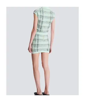 Balmain Sleeveless Plaid Tweed Top With Zipper Collar