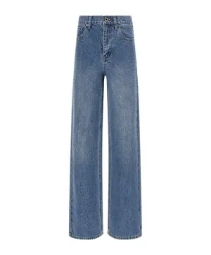 SELF-PORTRAIT Embellished Denim Straight Leg Jeans - Blue