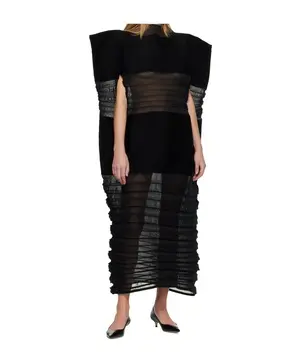 Issey Miyake Pleated High-neck Tulle Trim Dress