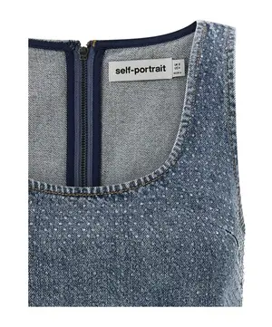 SELF-PORTRAIT Embellished Cropped Denim Top - Blue