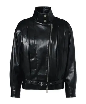 SELF-PORTRAIT Pleated Belted Biker Jacket - Black