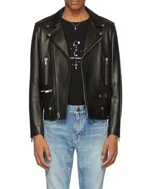 Saint Laurent Leather Biker Jacket With Zipper Detail - Black