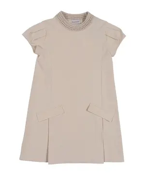 Moncler Moncler Short Sleeve Embroidered Logo Dress With Crochet Trim Beige