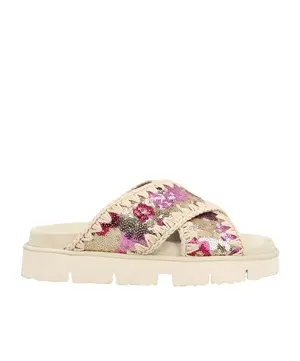 Mou Criss Cross Embellished Flat Sandals - Nude
