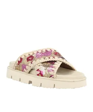 Mou Criss Cross Embellished Flat Sandals - Nude