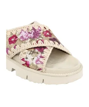 Mou Criss Cross Embellished Flat Sandals - Nude