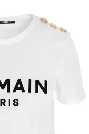 Balmain Logo Printed Crewneck T-shirt With Button Detail - White