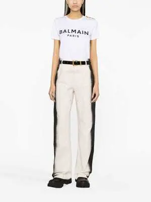 Balmain Logo Printed Crewneck T-shirt With Button Detail - White