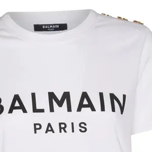 Balmain Logo Printed Crewneck T-shirt With Button Detail - White