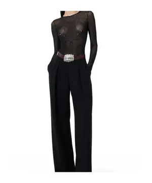 JEAN PAUL GAULTIER Embroidered Mesh Crewneck Long Sleeve Top - Black