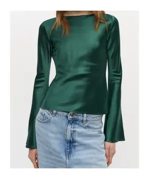 GANNI Open Back Satin Long Sleeve Top - Green