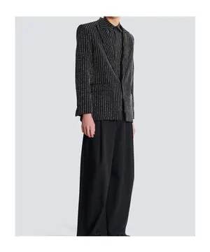 Balmain Single-breasted Wool Jacket With Crystal Stripes