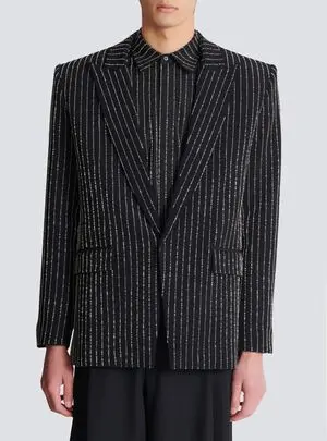 Balmain Single-breasted Wool Jacket With Crystal Stripes