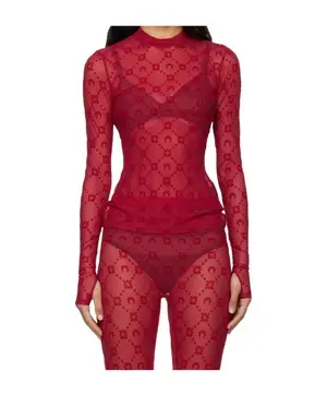 MARINE SERRE Long-sleeve Sheer Mesh Printed Top - Red