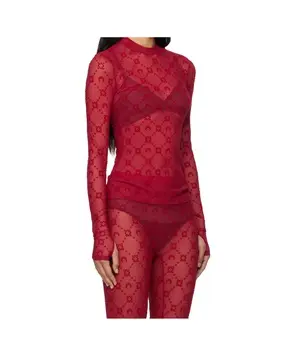 MARINE SERRE Long-sleeve Sheer Mesh Printed Top - Red