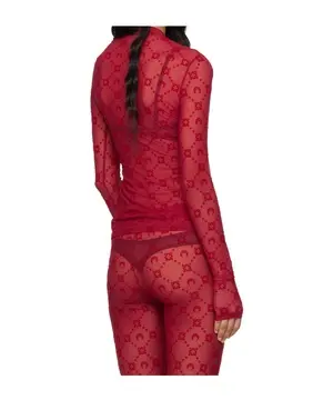 MARINE SERRE Long-sleeve Sheer Mesh Printed Top - Red
