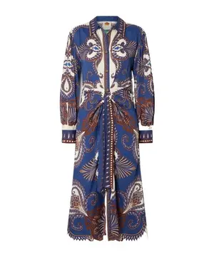 Farm Rio All-over Printed Tied-waist Long-sleeved Dress - Blue