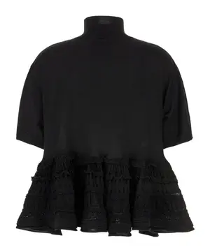Alaïa High Neck Short Sleeve Lace Trim Top - Black