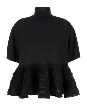 Alaïa High Neck Short Sleeve Lace Trim Top