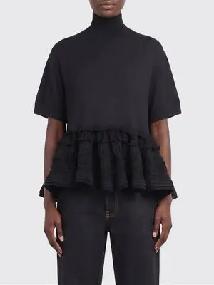 Alaïa High Neck Short Sleeve Lace Trim Top - Black