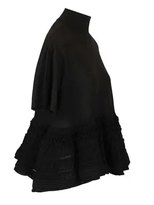 Alaïa High Neck Short Sleeve Lace Trim Top - Black
