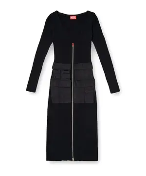 DIESEL® Ribbed Zip-front Pocketed Midi Dress - Black