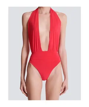 Balmain Plunge Halterneck One Piece Swimsuit - Red