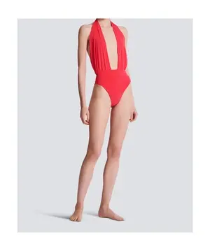 Balmain Plunge Halterneck One Piece Swimsuit - Red
