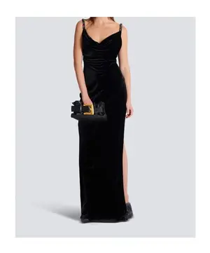 Balmain Long Velvet Gown With Embellished Straps