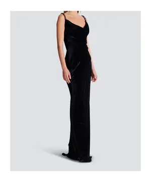 Balmain Long Velvet Gown With Embellished Straps