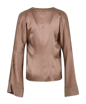 FORTE_FORTE Shiny Stretch Silk Satin Crossed Shirt - Brown