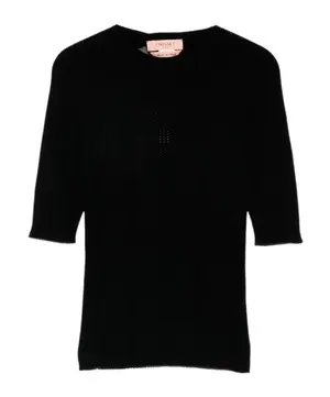TWINSET Ribbed Knit Top With Openwork Details - Black