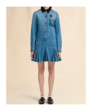 Marni Denim Mini Dress With Velvet Collar And Pleated Skirt
