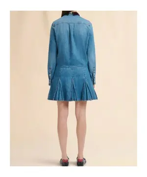 Marni Denim Mini Dress With Velvet Collar And Pleated Skirt